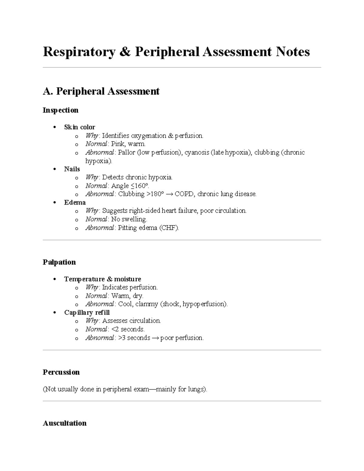 Respiratory Peripheral Assessment Notes - Nursing 101 - Studocu