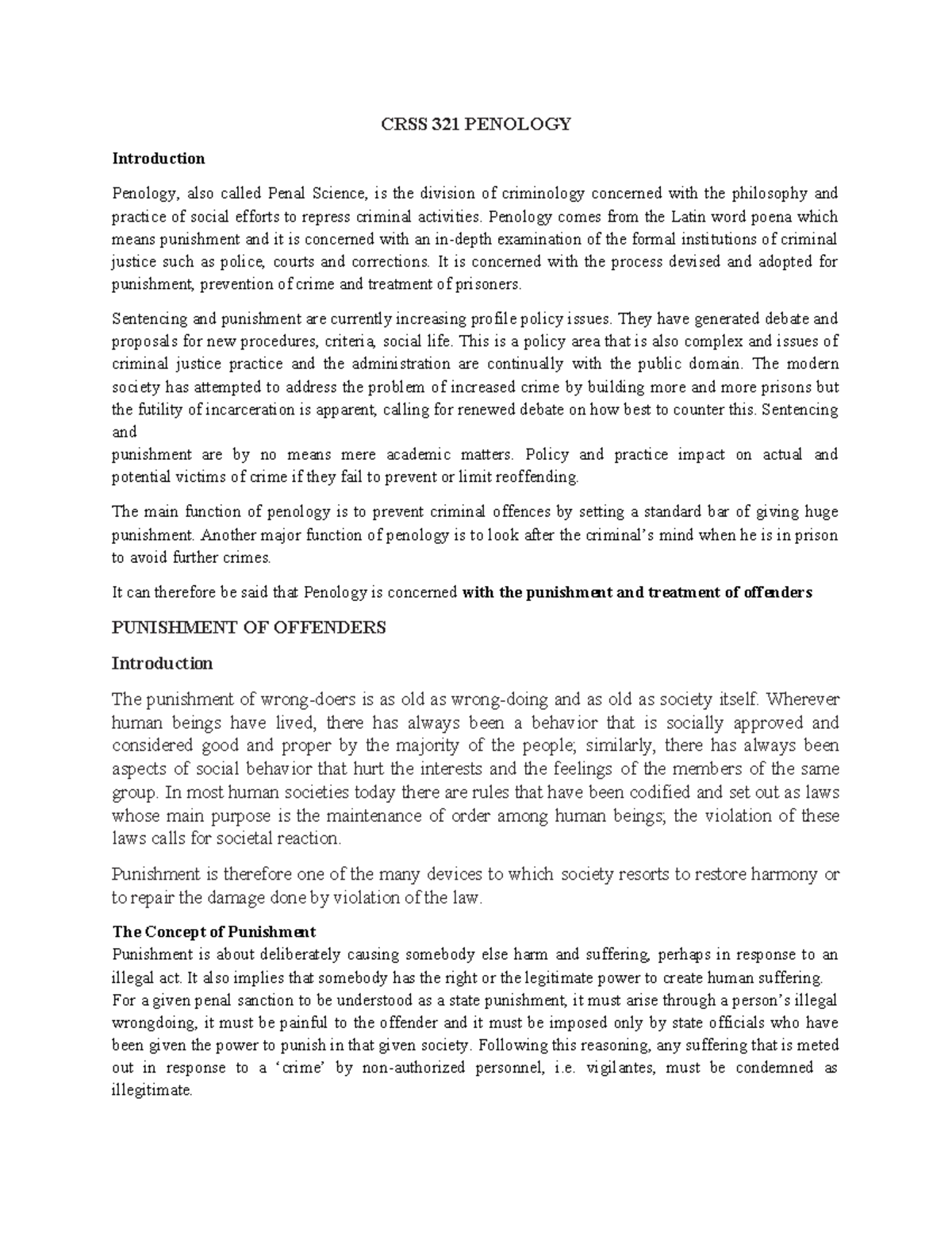 CRSS 321 Penology: Comprehensive Study Notes on Punishment and Reform ...