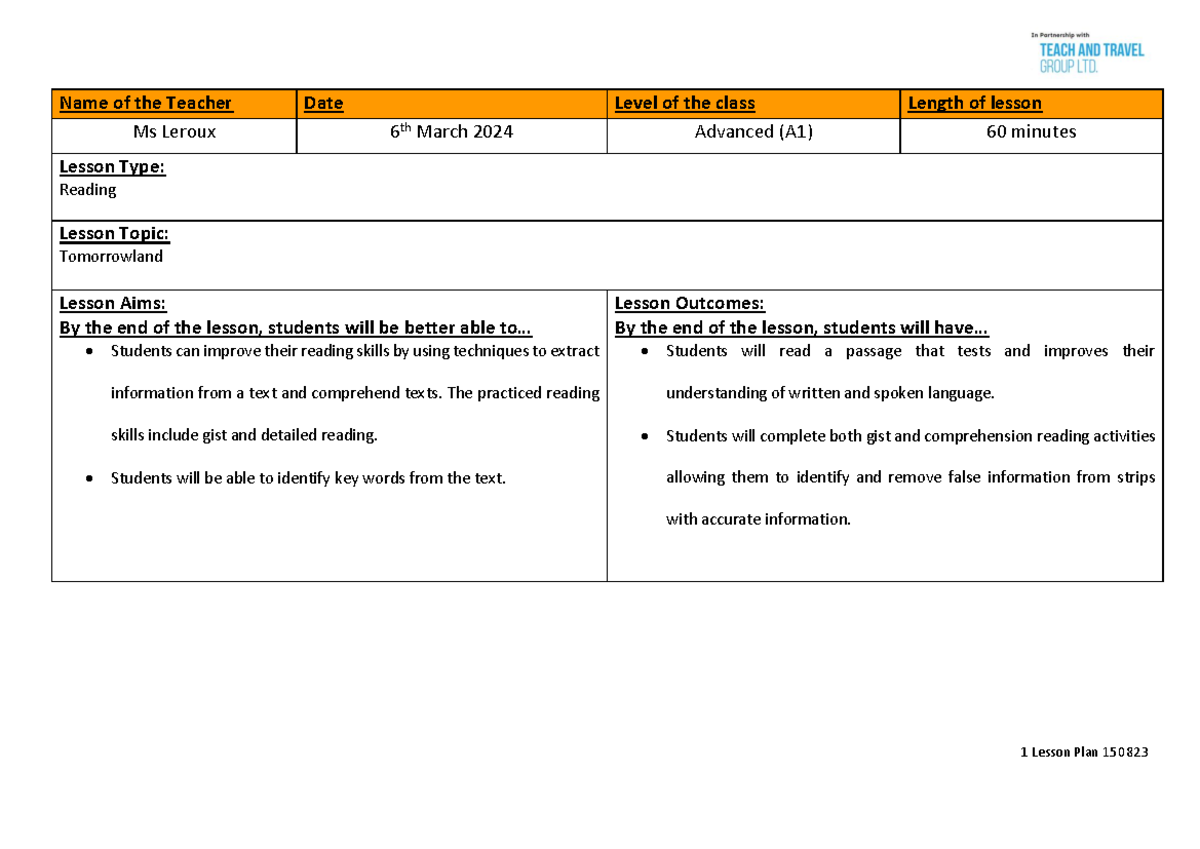 Laeeqa leroux lesson plan 4 - Name of the Teacher Date Level of the class Length of lesson Ms ...