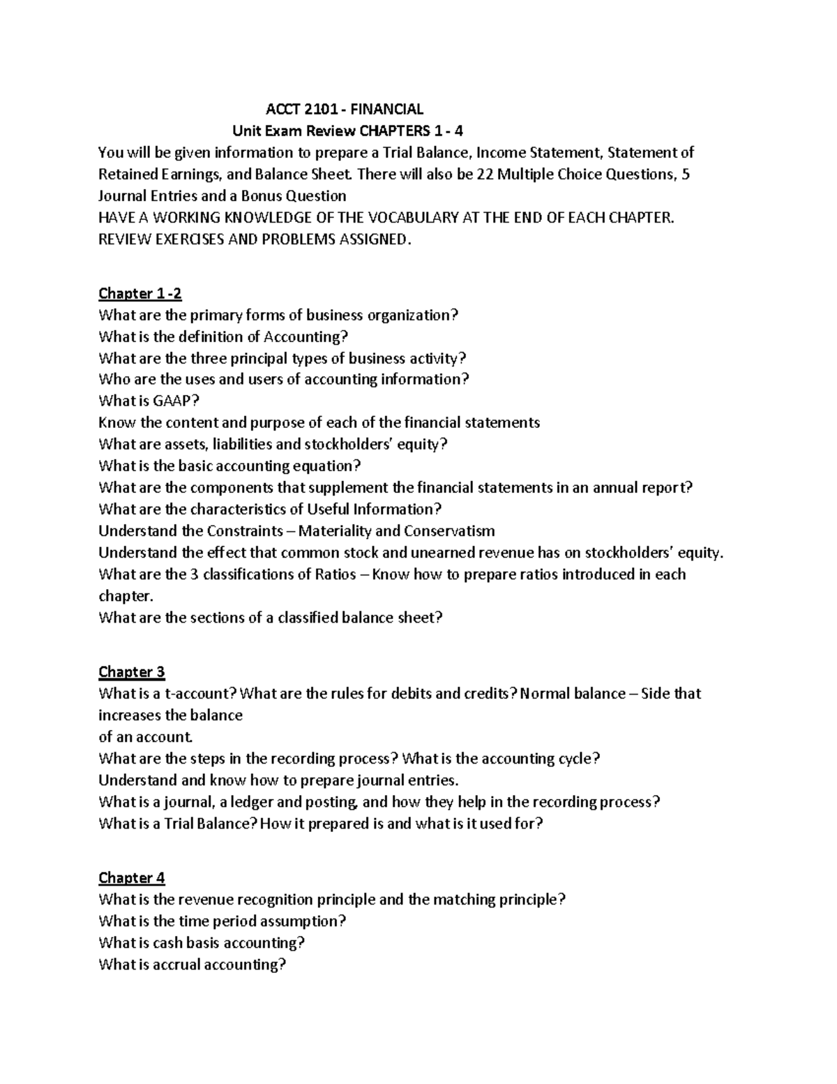 ACCT 2101 Unit Exam 1 Study Guide: Chapters 1-4 Review - Studocu