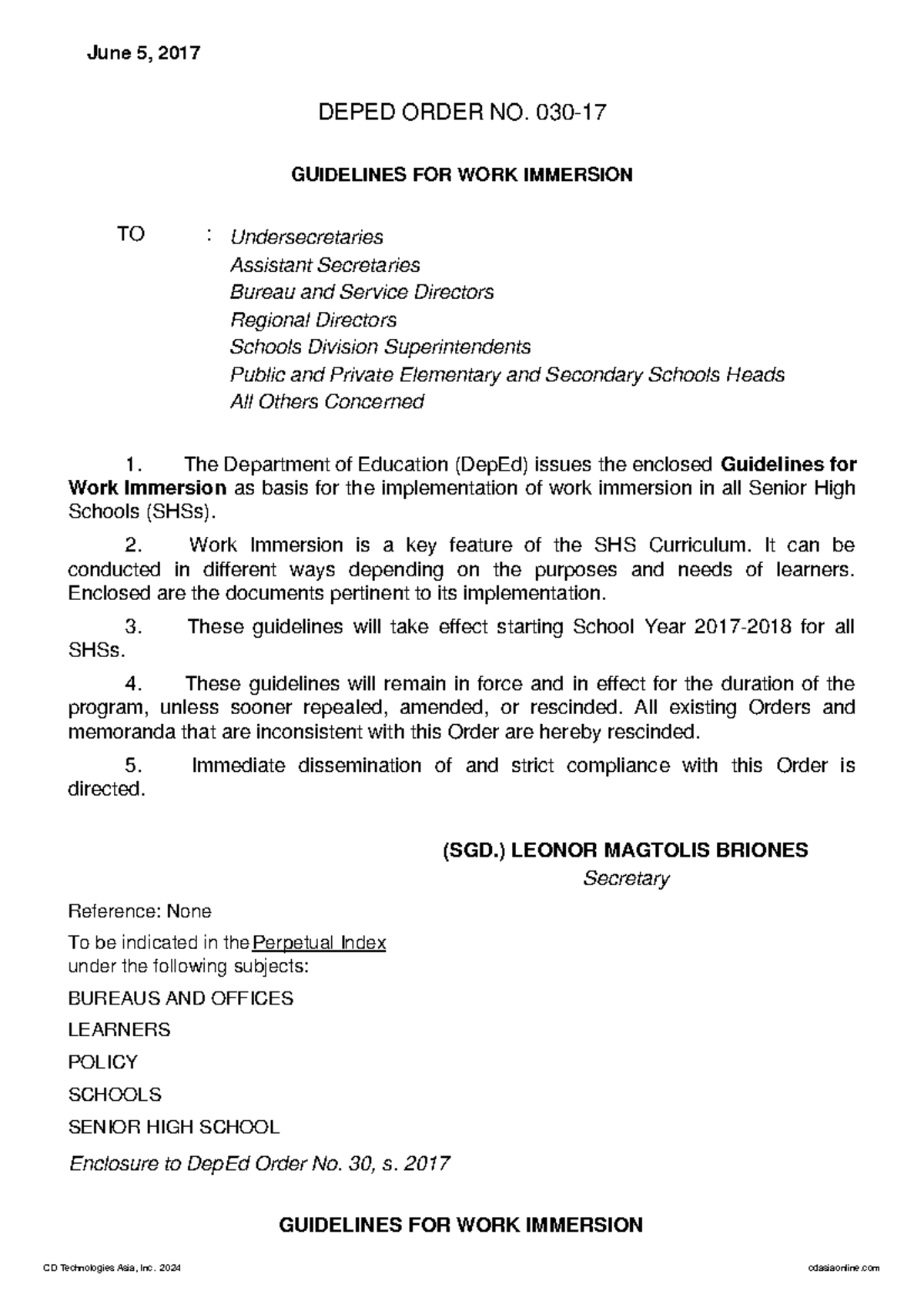 DepEd Order No. 30: Guidelines for Work Immersion in SHS Programs - Studocu