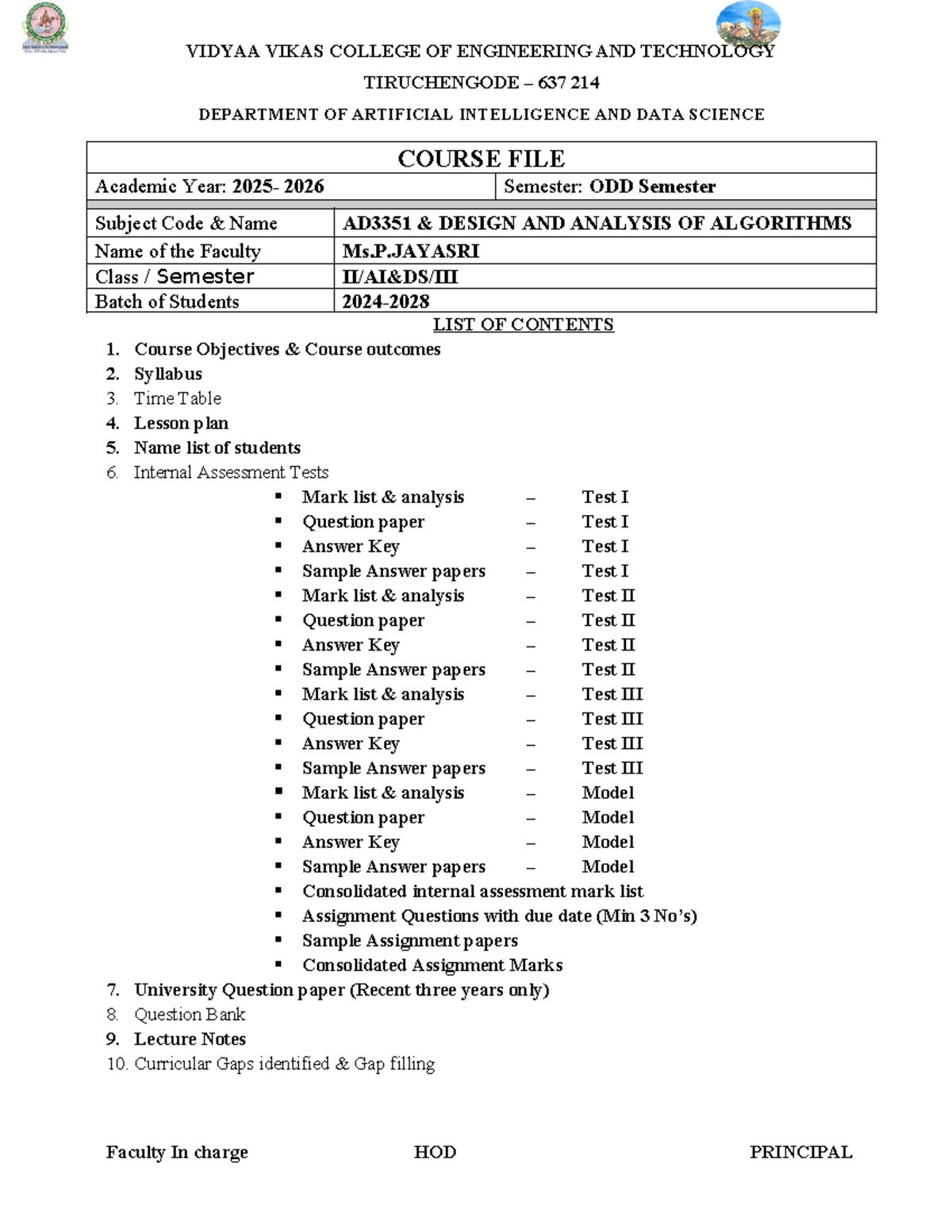 AD3351 Course File: Design and Analysis of Algorithms (Odd Sem 2026 ...