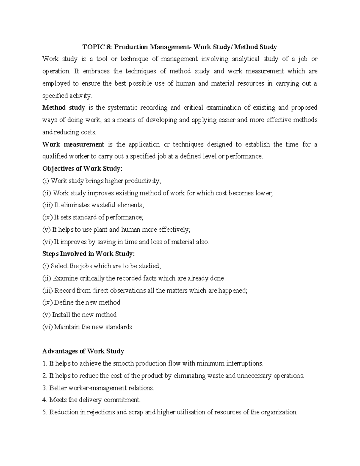 IOM Notes: TOPIC 8 & 9 - Work Study and Plant Maintenance Guide - Studocu
