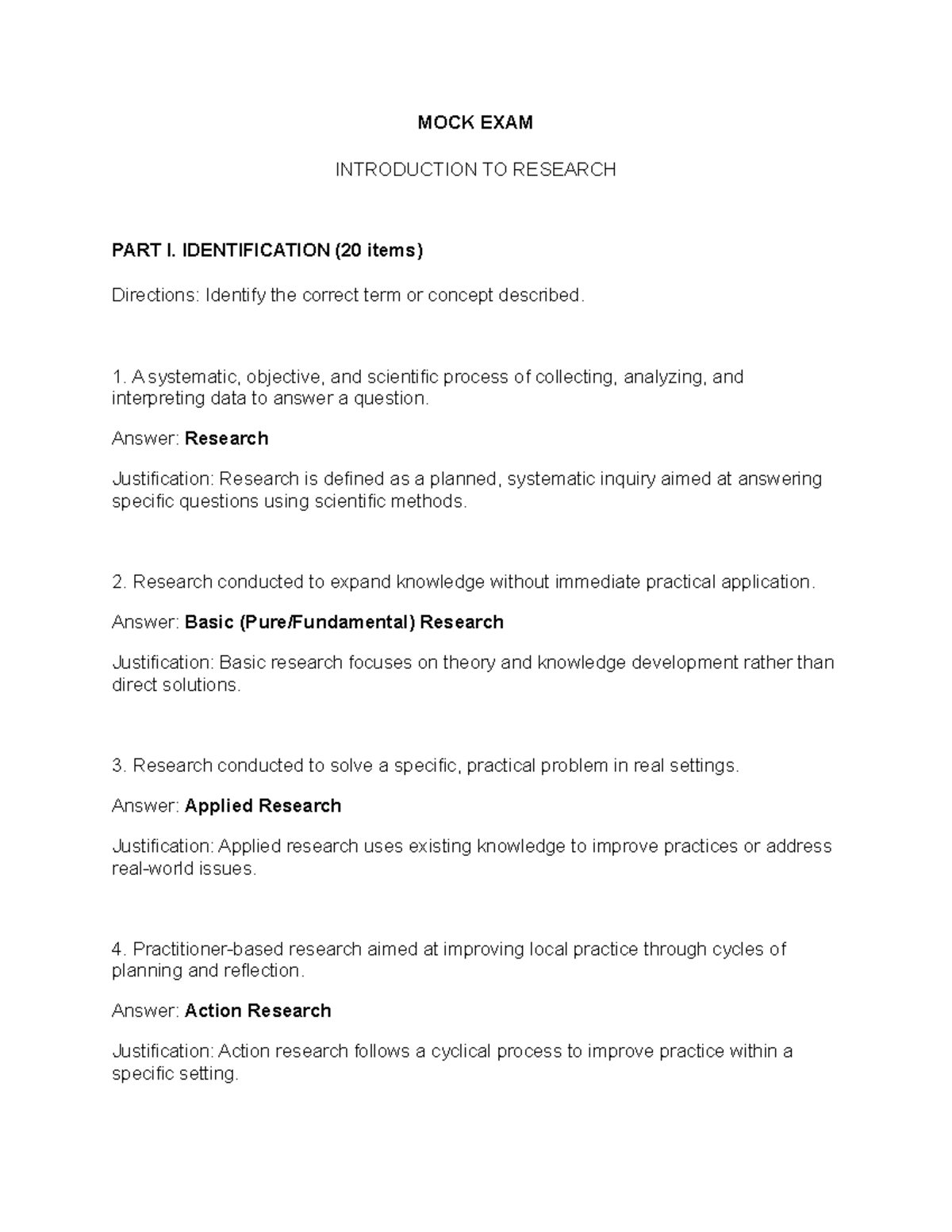 MOCK EXAM: INTRODUCTION TO RESEARCH PART I & II (100 Items) - Studocu
