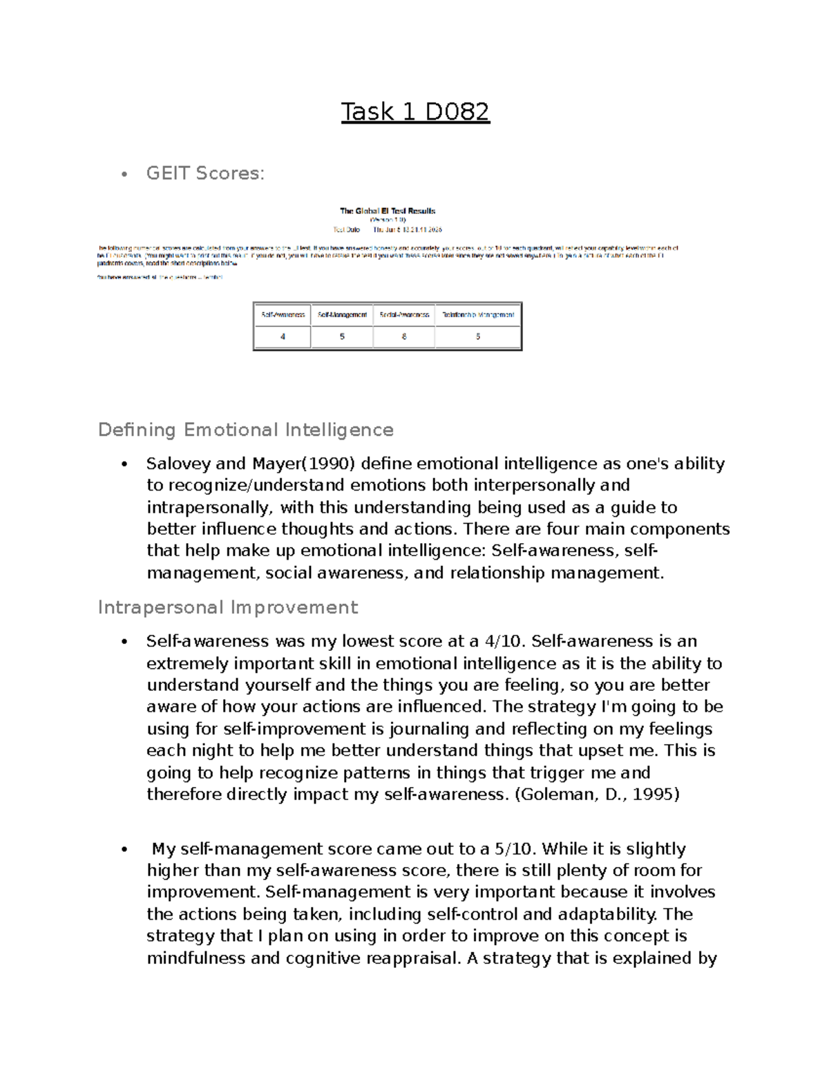 Task 1 D082: Emotional Intelligence Scores & Improvement Strategies - Studocu