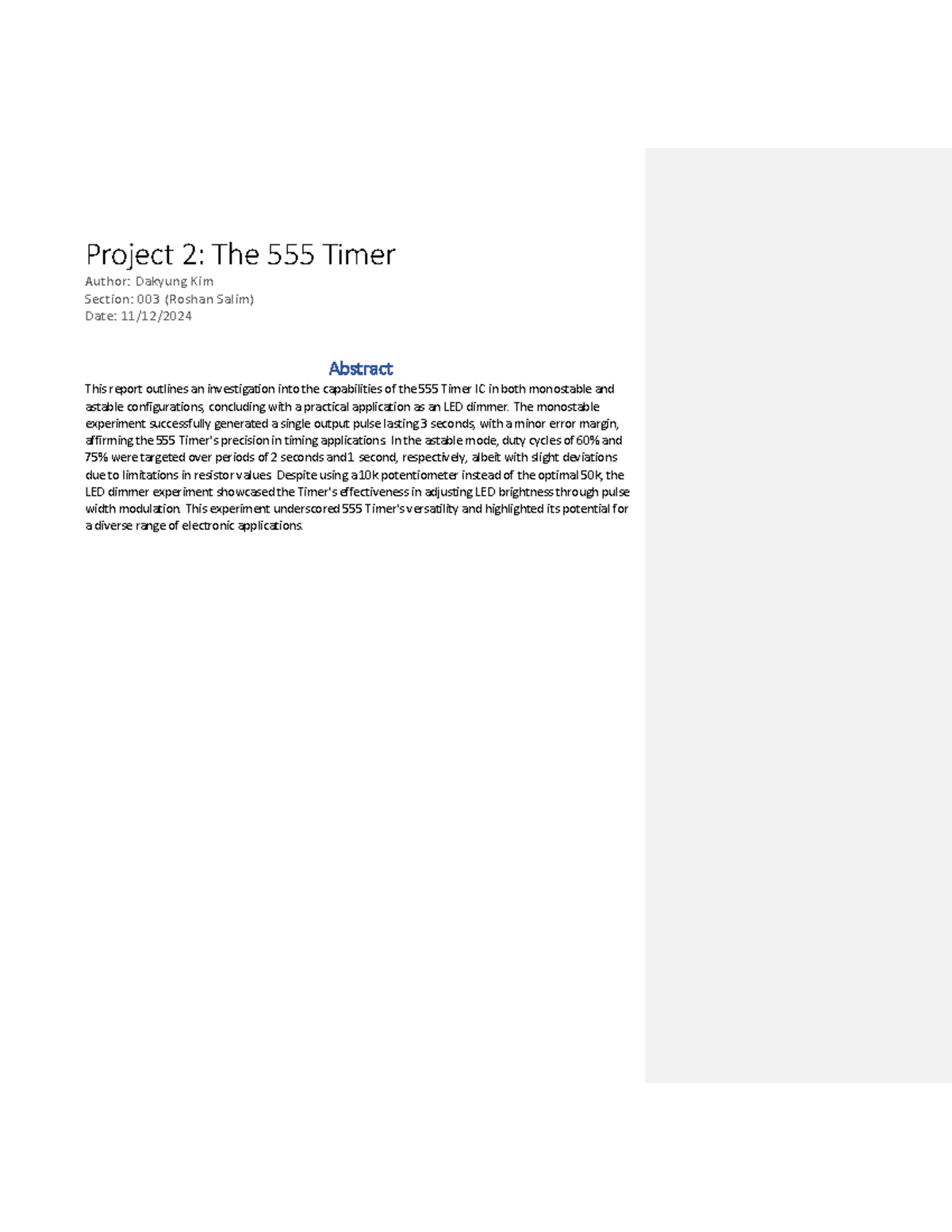 ECE 2K7 Mini Project Report: Timer IC Applications in LED Dimming - Studocu