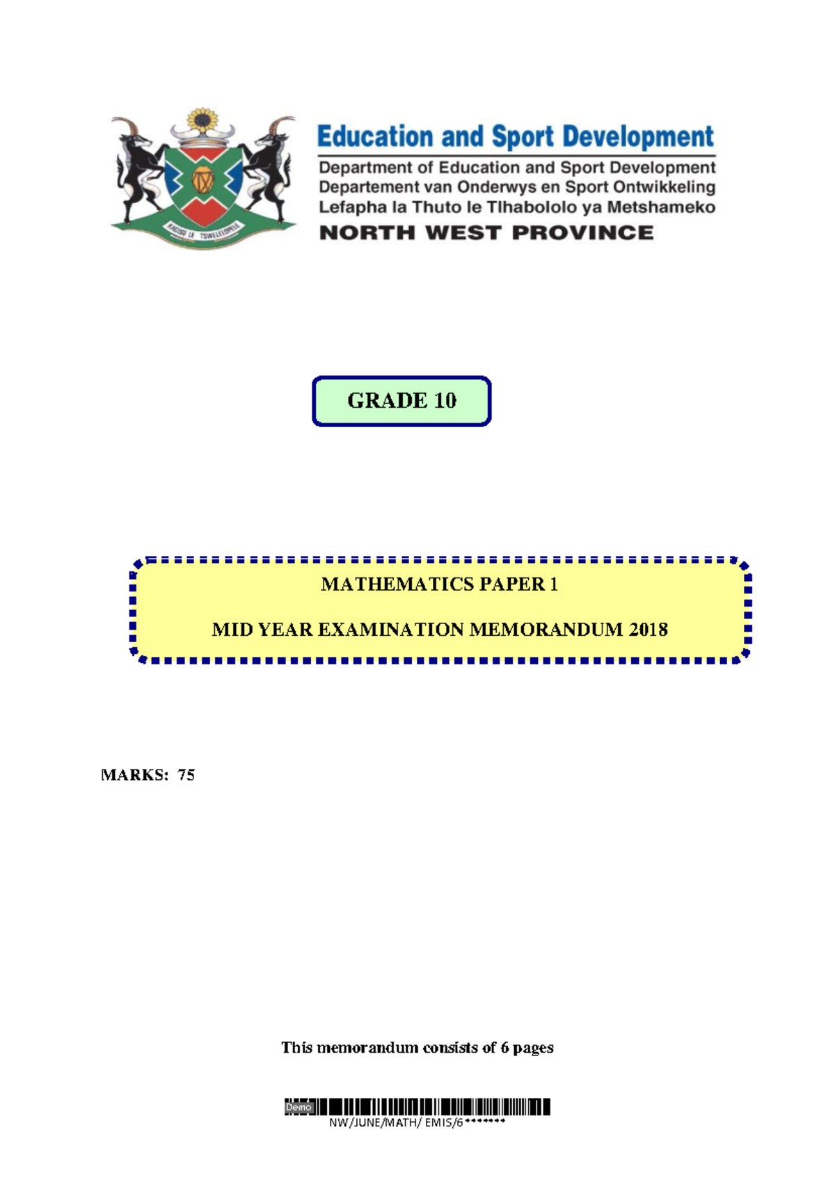 GRADE 10 MATHEMATICS PAPER 1 MID YEAR EXAM MEMO 2018 - Studocu