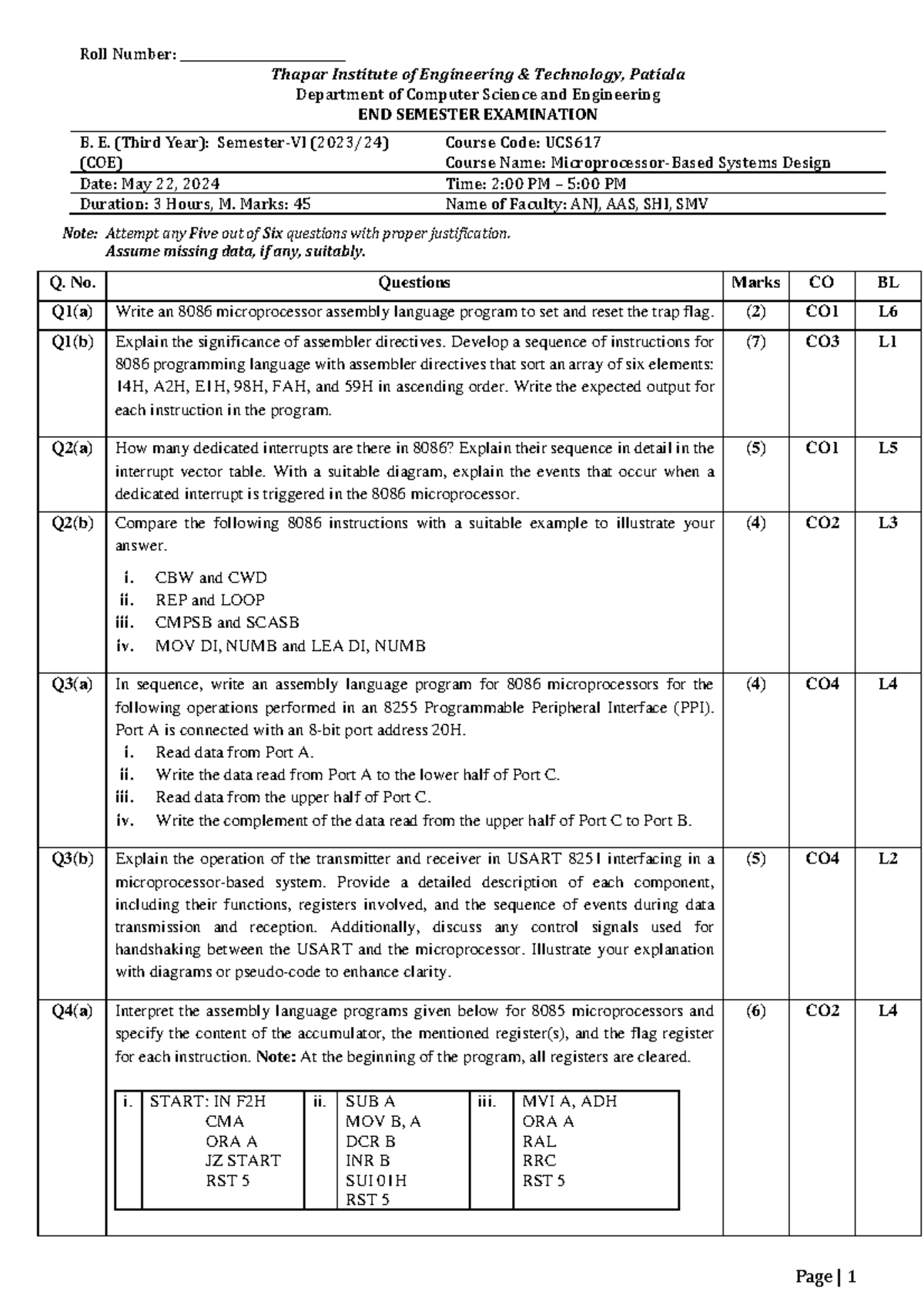 UCS617 Midterm & End Semester Exam Papers for Microprocessor-Based ...