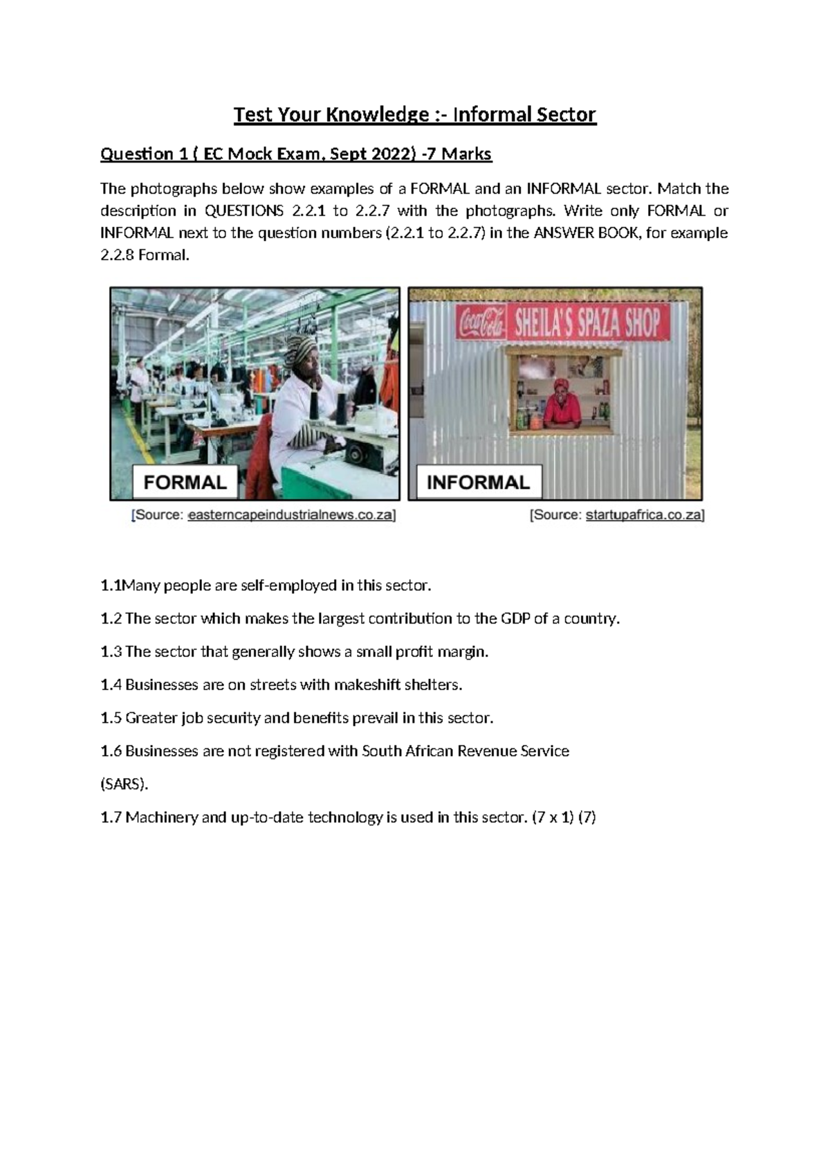 Test Your Knowledge: Informal Sector Insights (EC Mock Exam, Sept 2022 ...