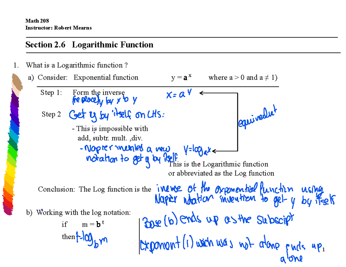 Math 208 Lecture Notes: Section 2.6 - Logarithmic Functions - Studocu