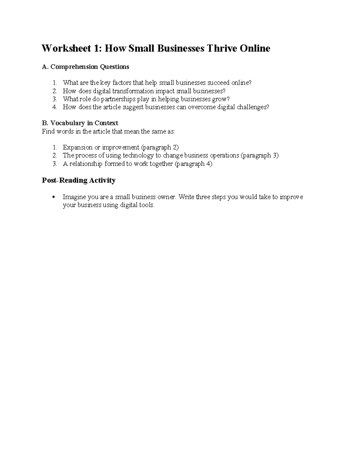 Worksheet 1 - useful for everyone - Worksheet 1: How Small Businesses ...
