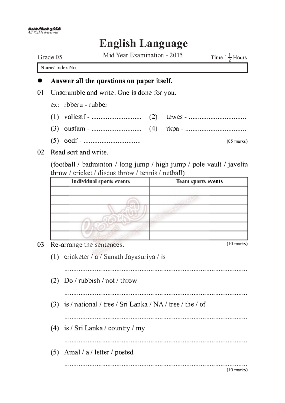 Grade 5 mid year english - Grade 05 Name/ Index No. Time 1 Hours l ...