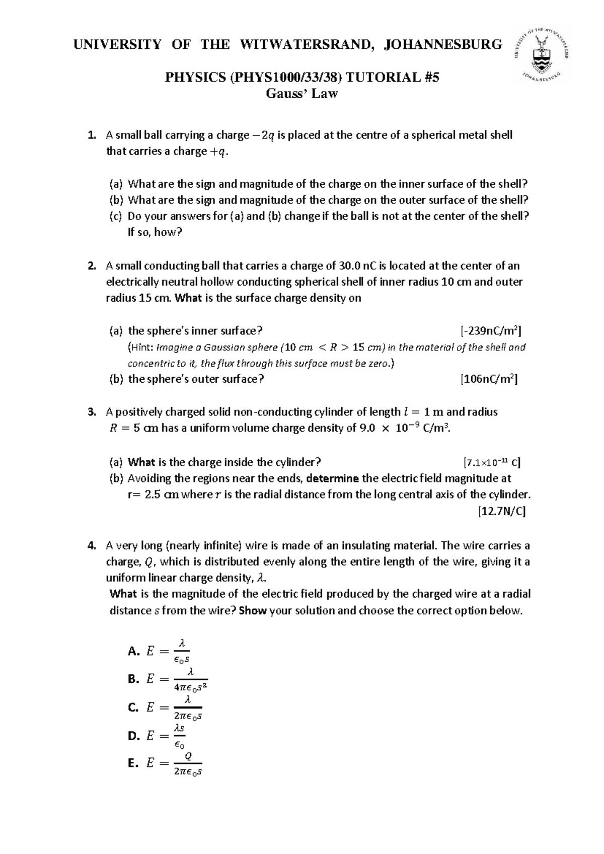 Physics 1B Tutorial on Gauss' Law - Chapter 24 Analysis - Studocu