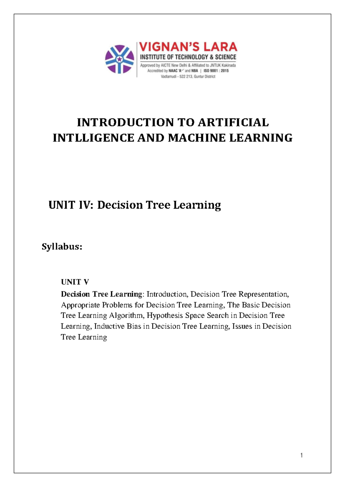 UNIT V: Decision Tree Learning in AI & ML - Syllabus Overview - Studocu