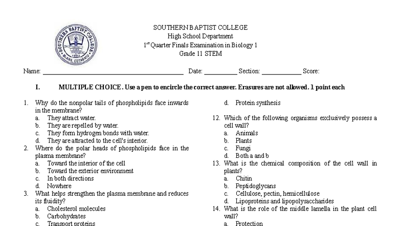 Final Exam Q1 BIO 1 - High School Biology Assessment - Studocu