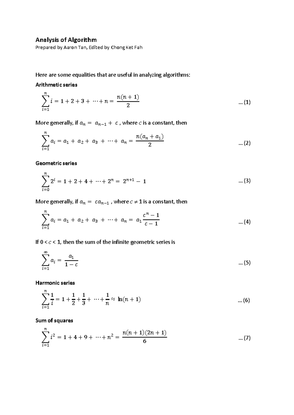 L3 Analysis of Algorithms: Useful Equalities and Formulas - Studocu