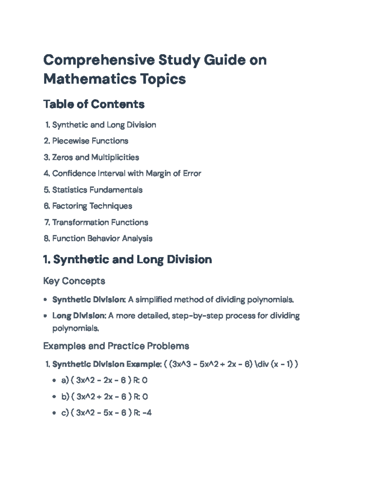 Mathematics Study Guide: Topics, Key Concepts, and Practice Problems ...