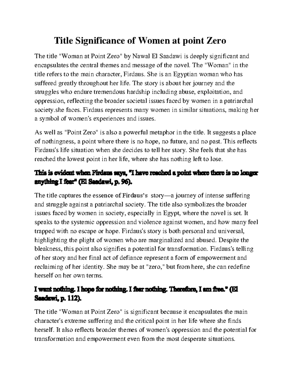 Title Significance of Women at point Zero - The "Woman" in the title ...