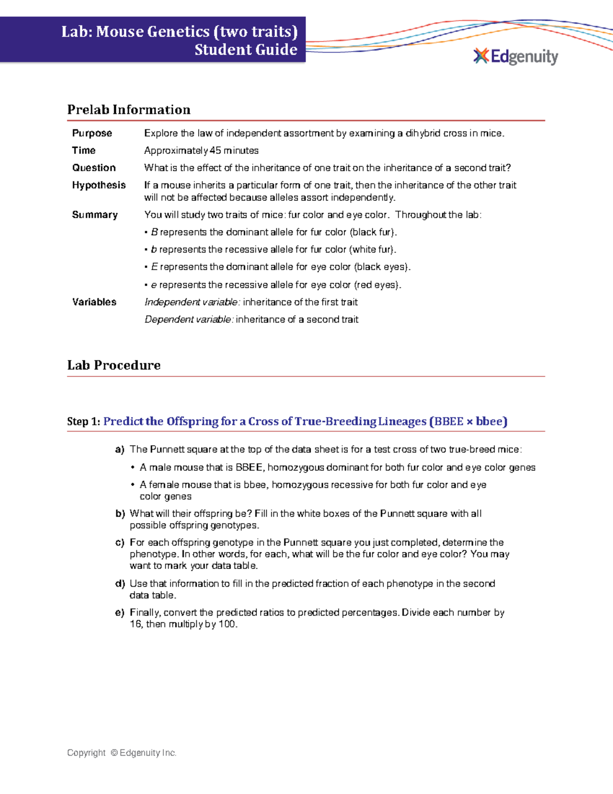 Lab: Mouse Genetics (two traits) Student Guide - Copyright © Edgenuity ...