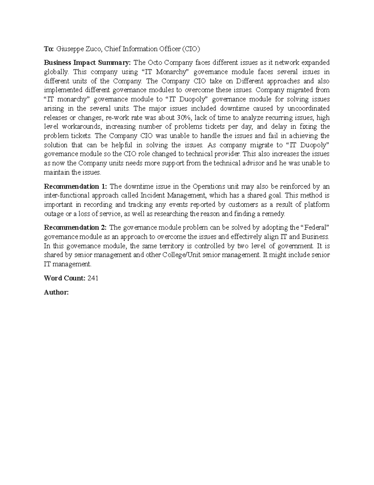 3rd student Use case Memo - To: Giuseppe Zuco, Chief Information ...