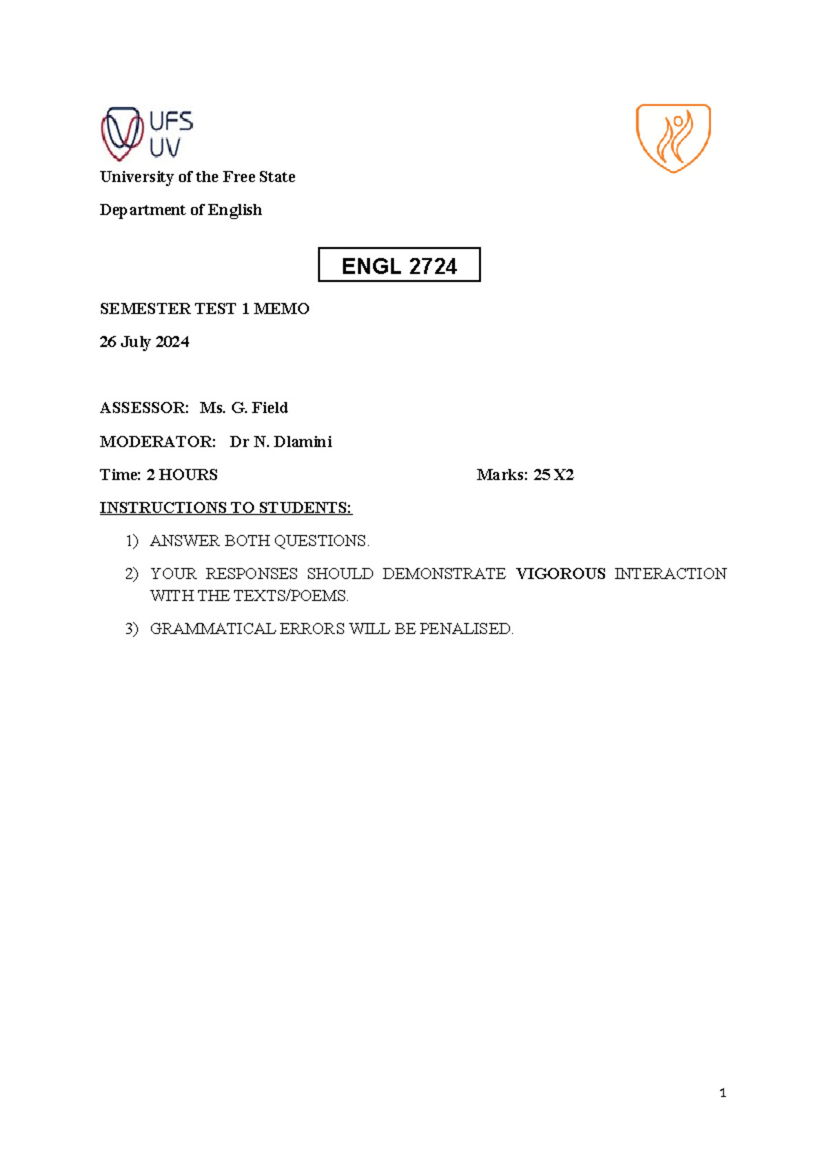 ENGL 2724 Semester Test 1 Memo: Themes in Black Consciousness Poetry ...