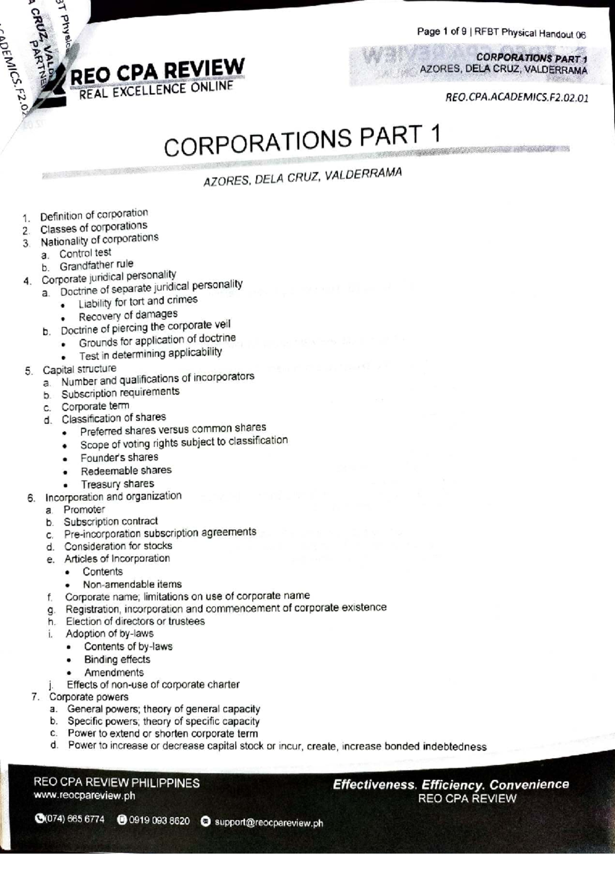 Corporations part 1 REO CPA review notes by Azores, dela Cruz ...