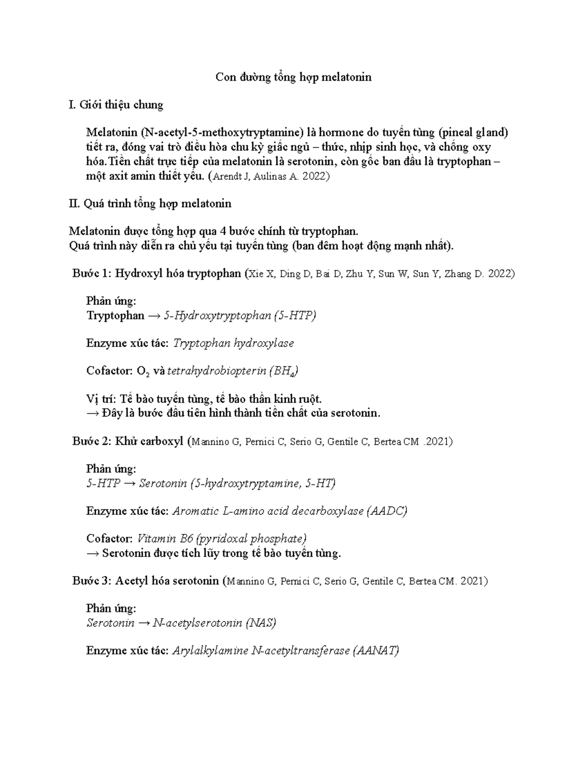 Quá trình tổng hợp melatonin: Từ tryptophan đến hormone ngủ - Studocu