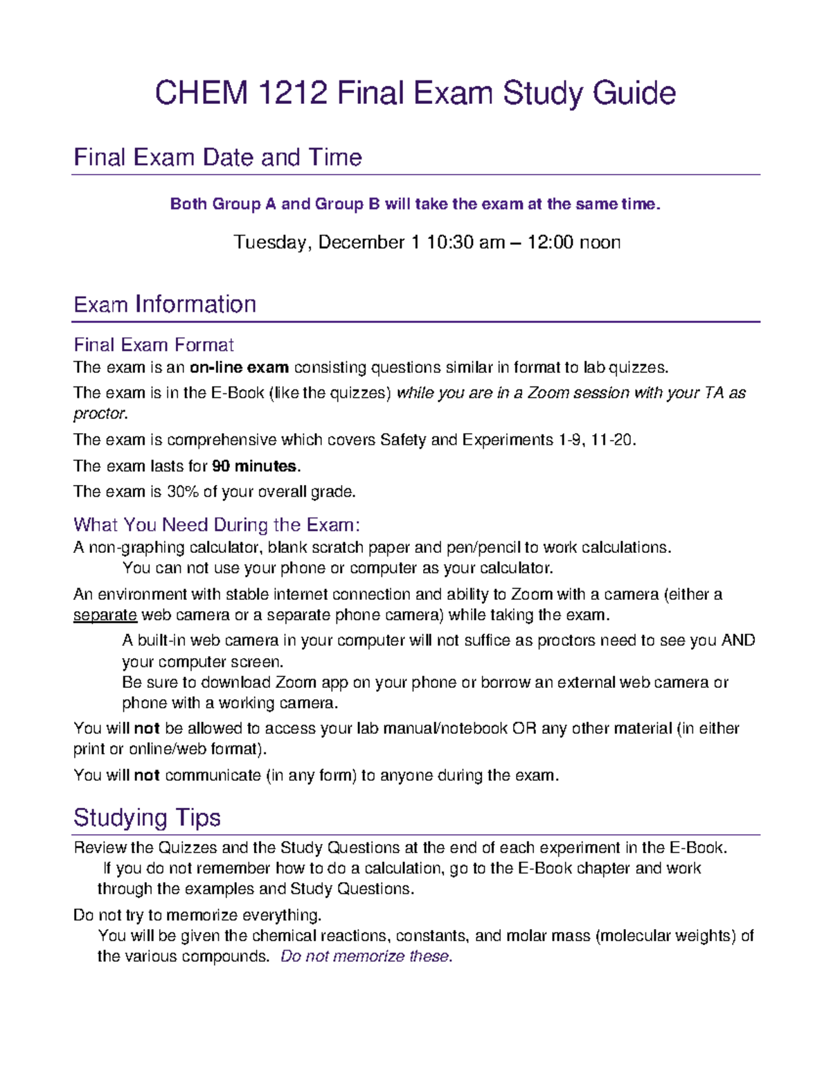CHEM 1212 Final Exam Study Guide - Tips & Important Topics - Studocu