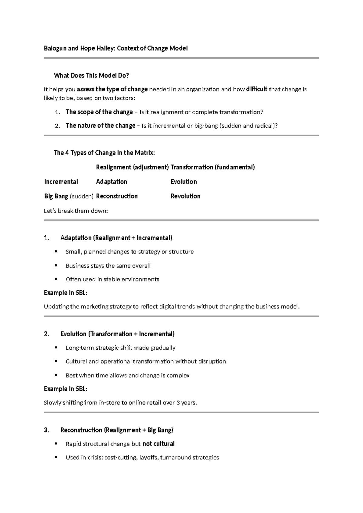 Balogun & Hope Hailey: Change Model Analysis & Application - Studocu