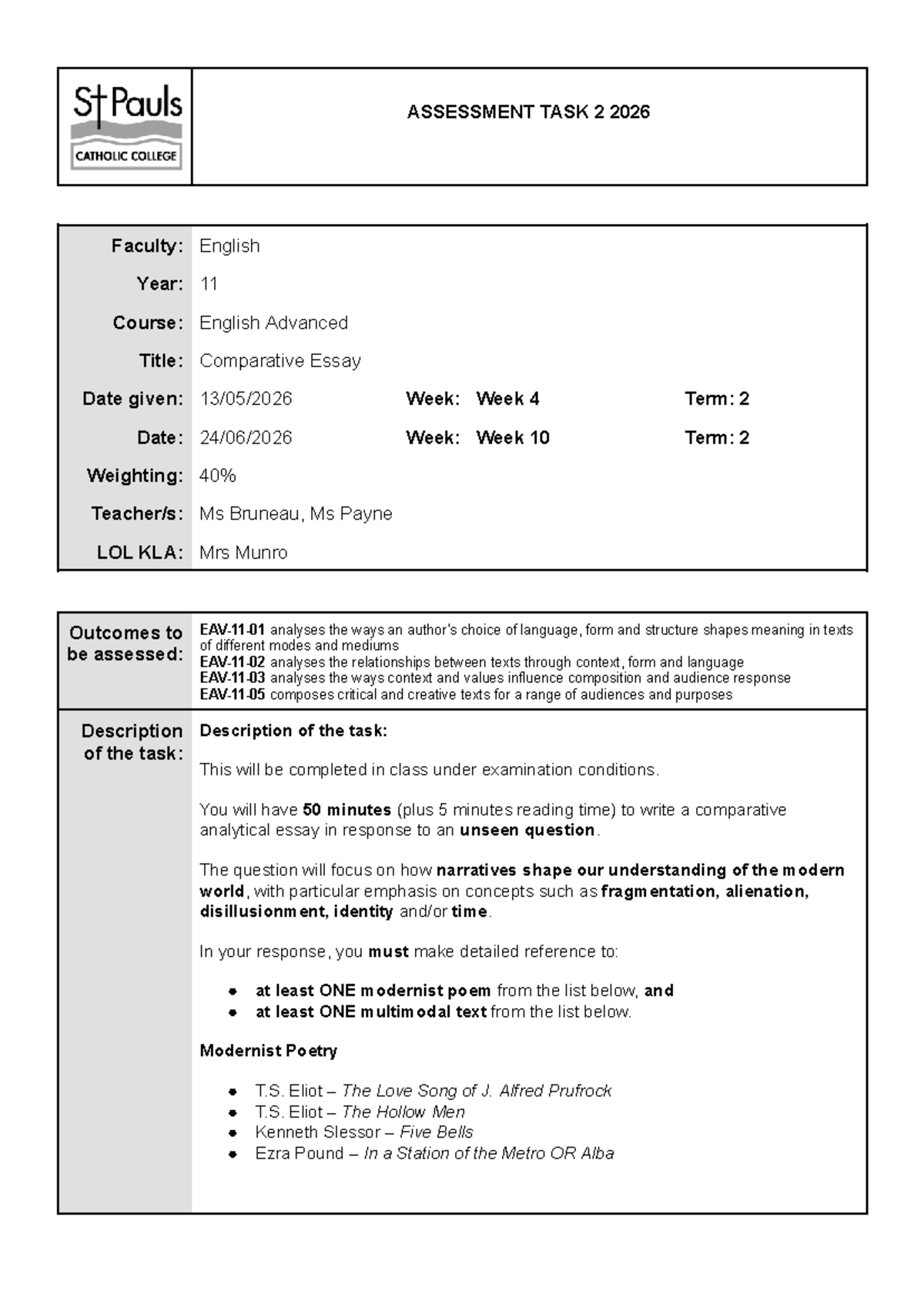 ENGA11 Comparative Essay Assessment Task 2 - 2026 - Studocu
