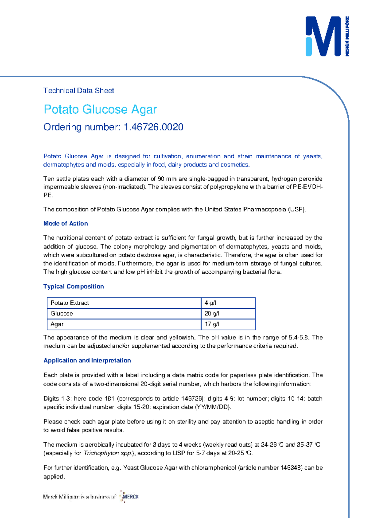 Technical Data Sheet: Potato Glucose Agar Tn1345en-mk - Studocu
