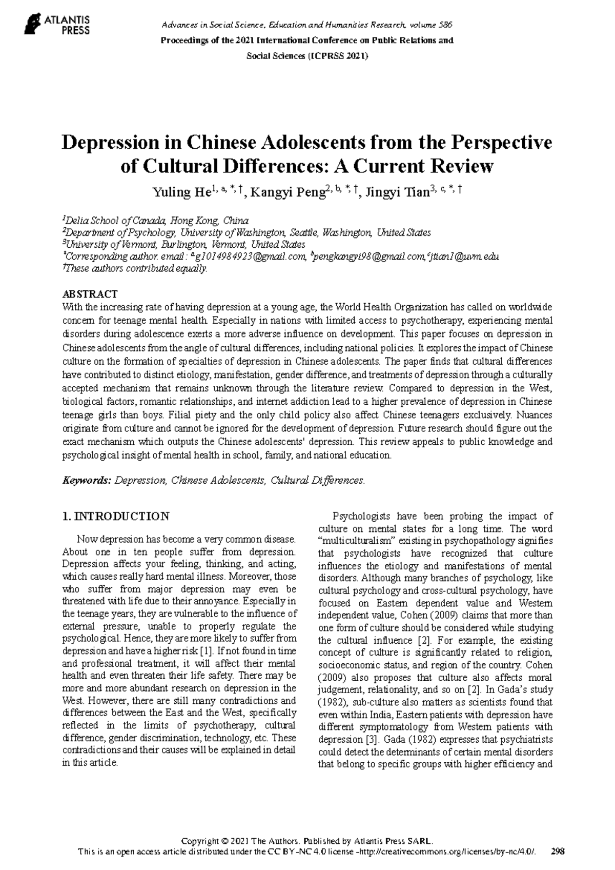 Cultural Perspectives on Depression in Chinese Teens: A Review - Studocu