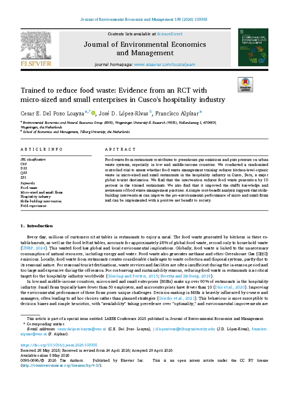 Reducing Food Waste in MSEs: RCT Evidence from Cusco's Hospitality ...