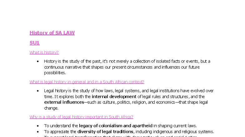 History of SA LAW SU1: Understanding Legal Evolution and Context - Studocu