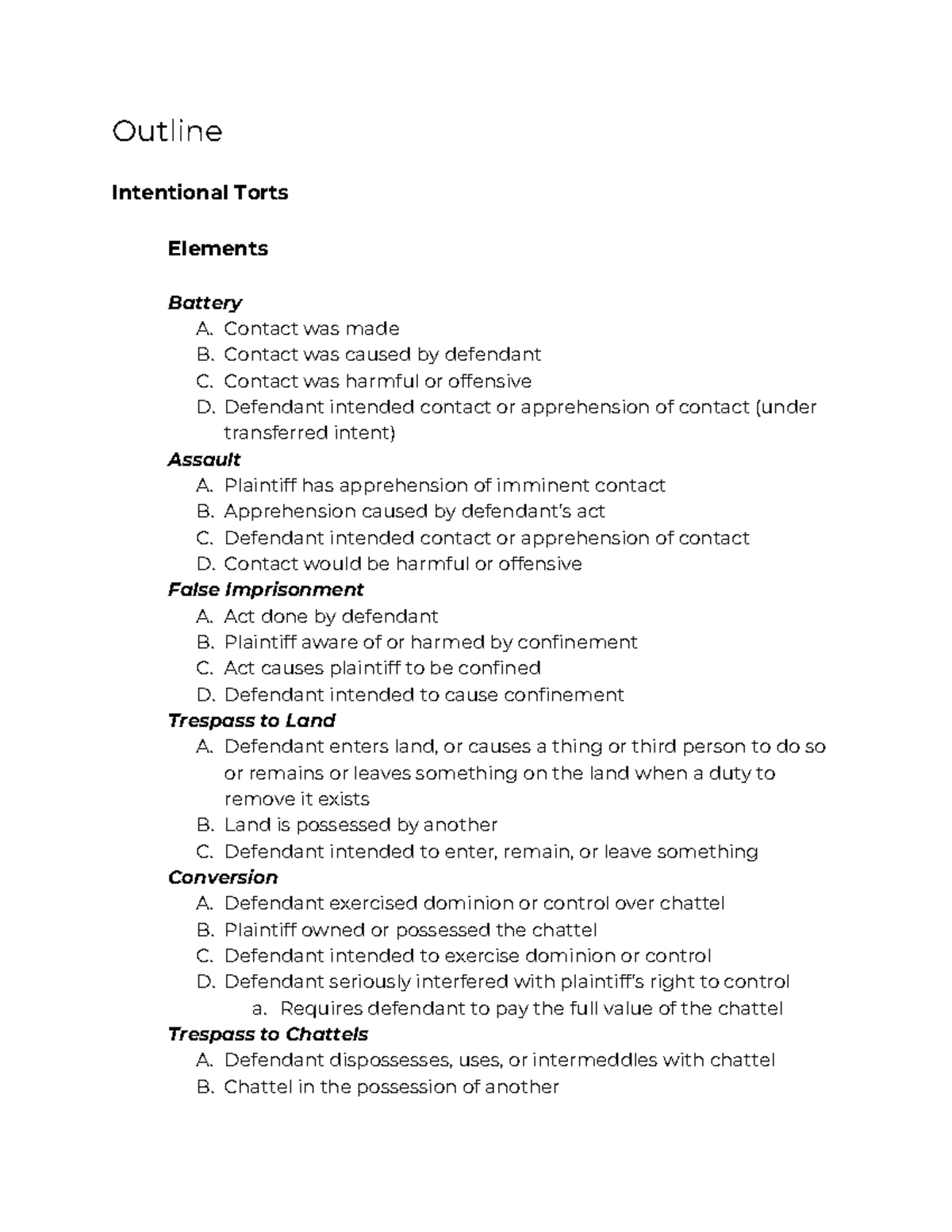 Torts Elements Outline - Key Aspects & Defenses Explained - Studocu