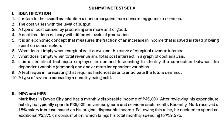 Summative Test Set A & B - Economics Concepts and Cost Analysis - Studocu