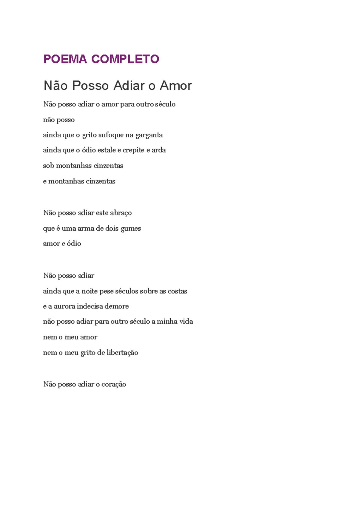 Não Posso Adiar o Amor - Análise do Poema e Seus Temas - Oralidade 12º ...