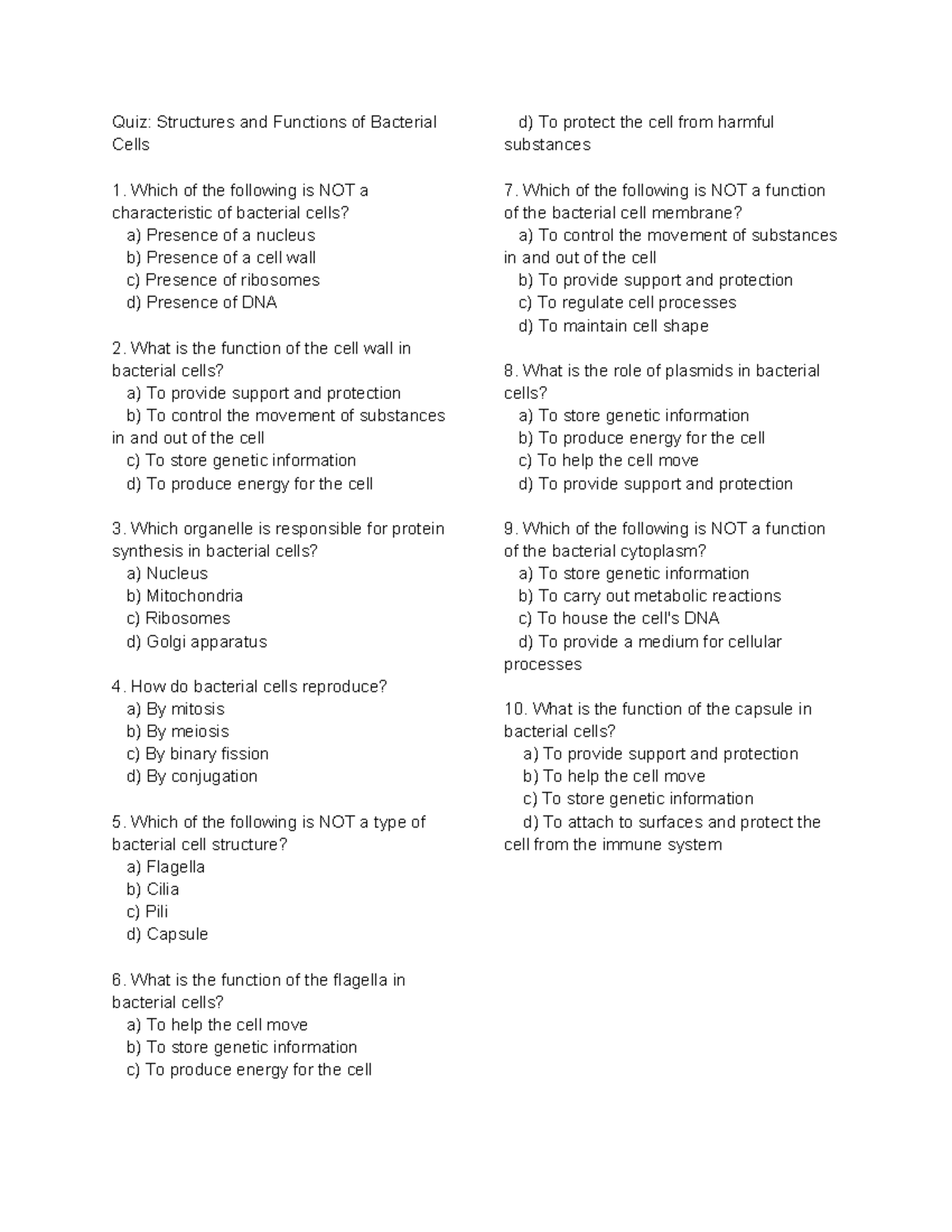 Structures and Functions of Bacterial Cells-Multiple Choice - Quiz ...
