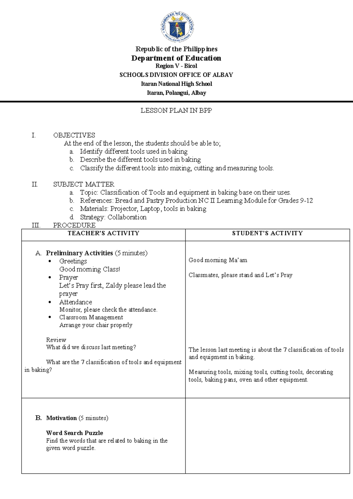 Detailed Lesson Plan BPP Q1 L4: Exploring Baking Ingredients and Sugars ...
