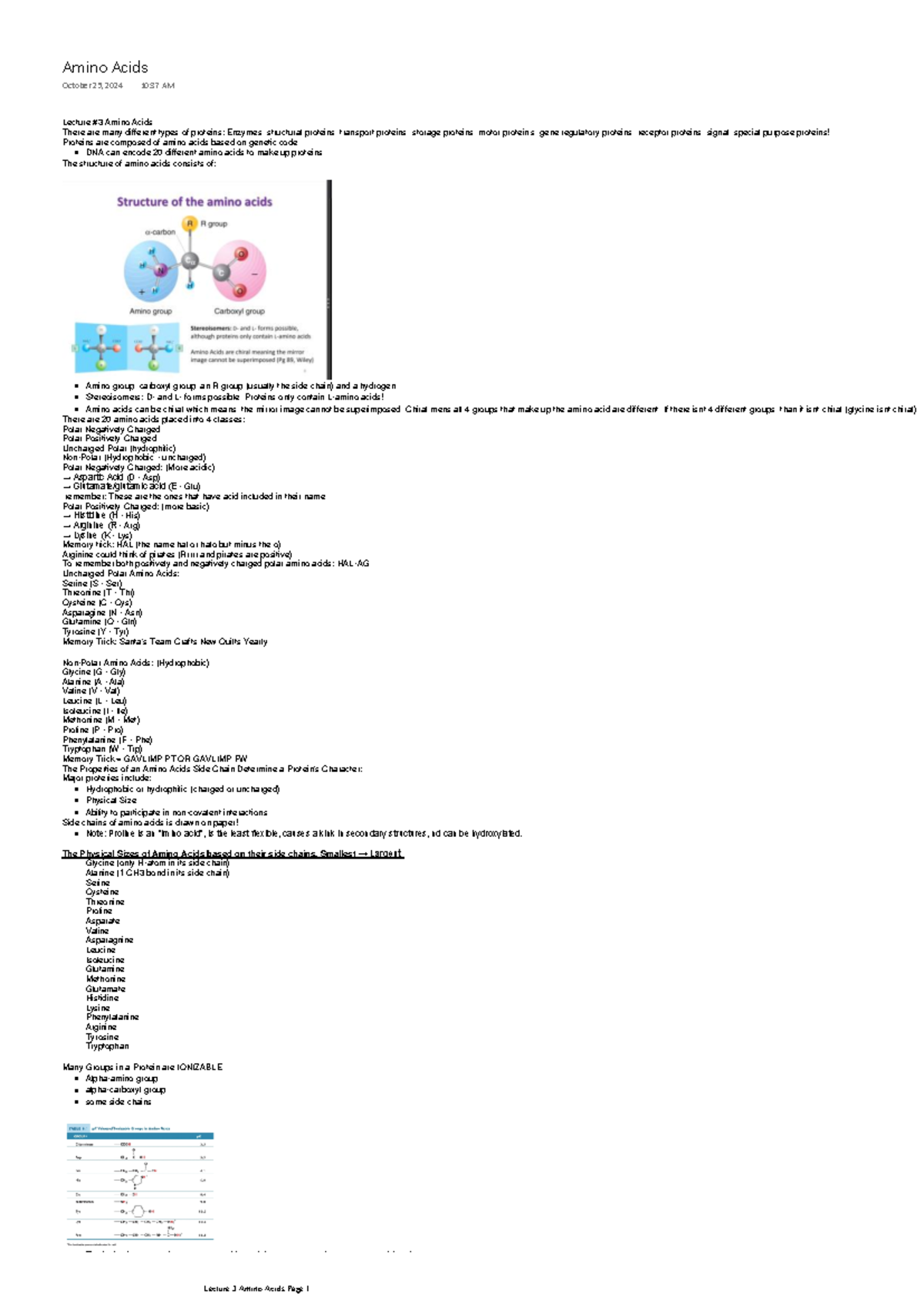 Lecture 3: Amino Acids Study Notes for Protein Structure - Studocu