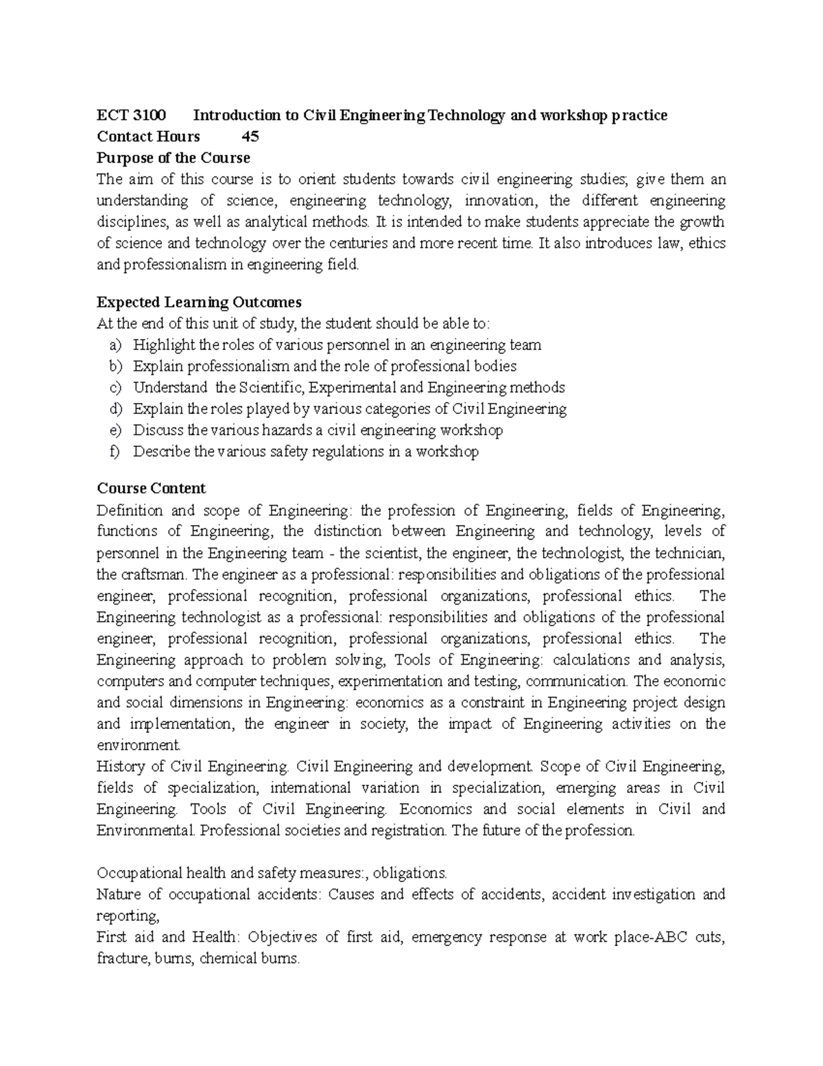 ECT 3100 Course Outline: Intro to Civil Engineering & Workshop Practice ...