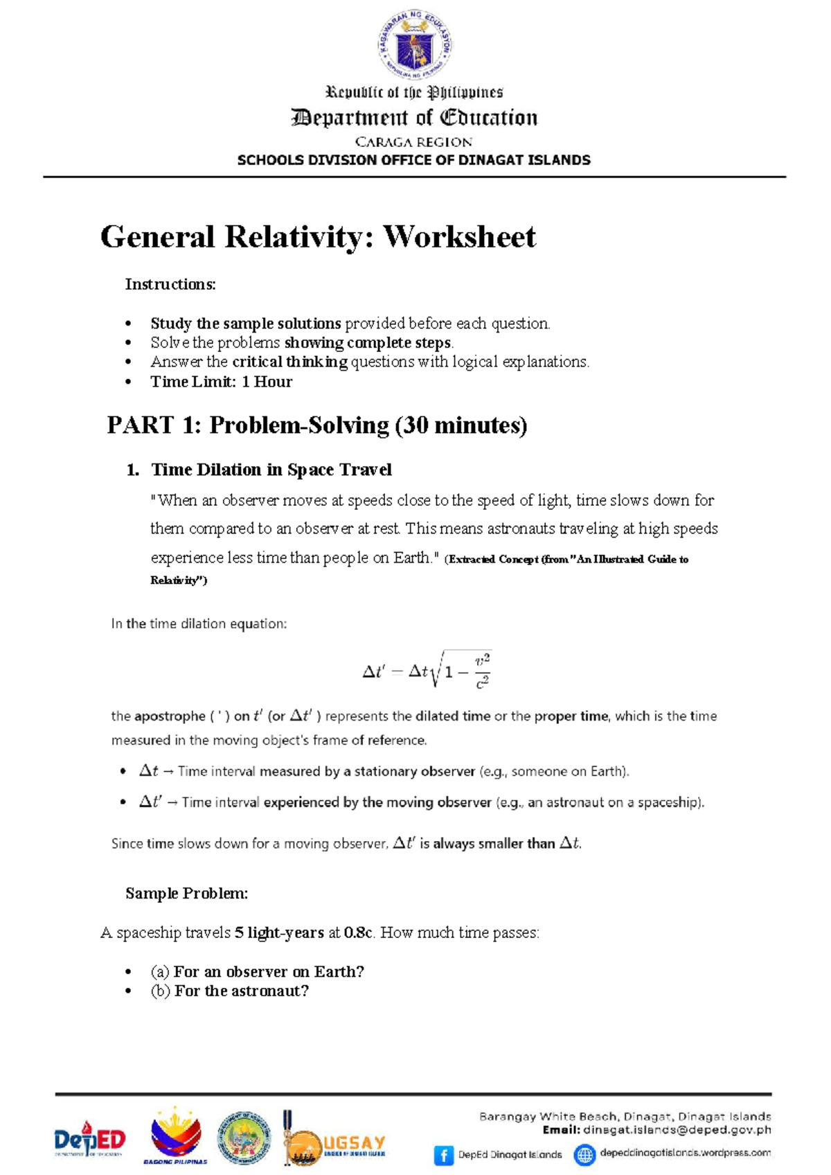 General Relativity: Worksheet on Time Dilation & Length Contraction ...