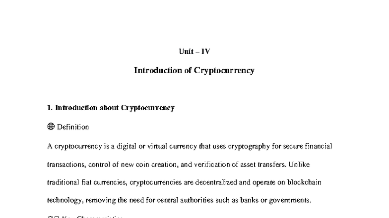 Unit IV: Introduction to Cryptocurrency and Blockchain Concepts - Studocu