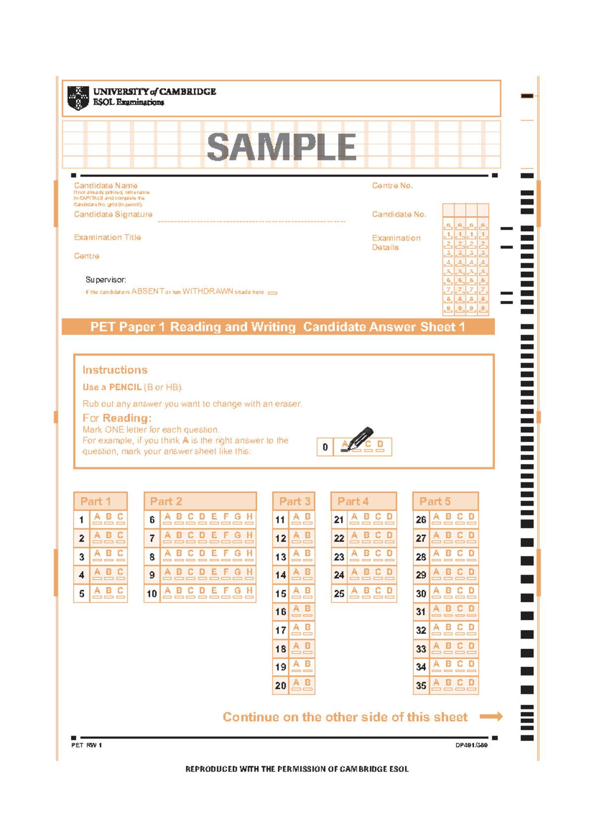 Complete PET Test Candidate Answer Sheets (PET Paper 1 & 2) - Studocu