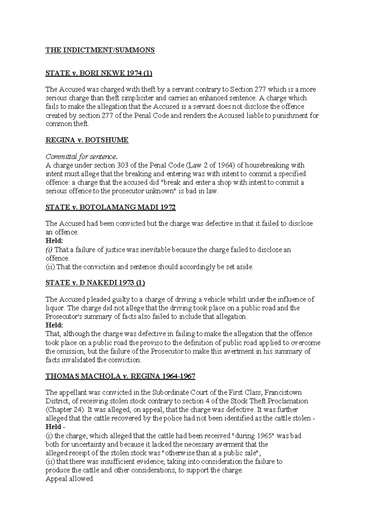 Criminal Procedure Case Notes Set 2 (Topic 4) - THE INDICTMENT/SUMMONS ...