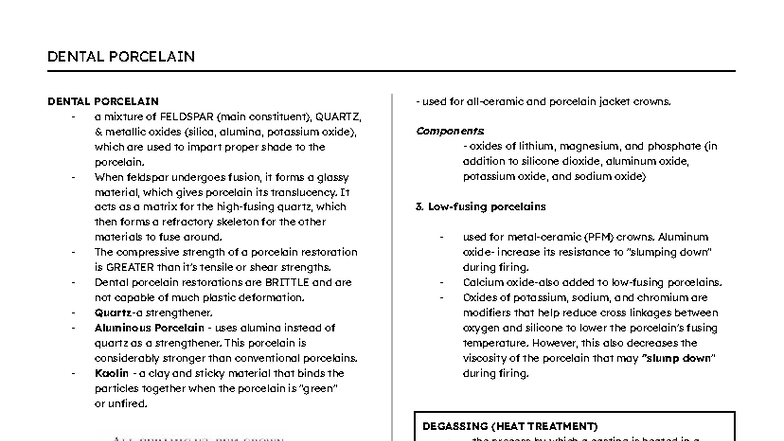 Dental Porcelain Overview - DENTMAT Course Notes - Studocu