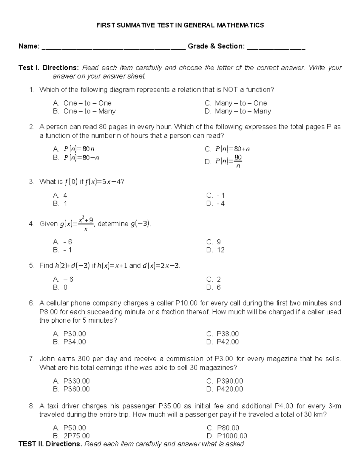 Summative Gen Math - FIRST SUMMATIVE TEST IN GENERAL MATHEMATICS Name ...