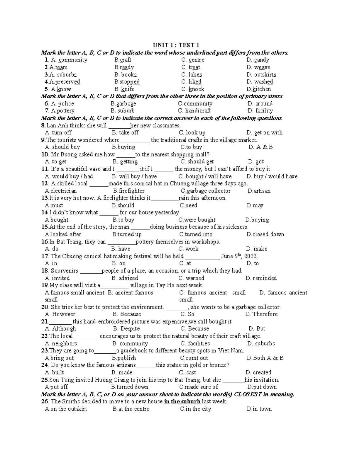 Test Unit 1: Multiple Choice Questions and Answers - Studocu