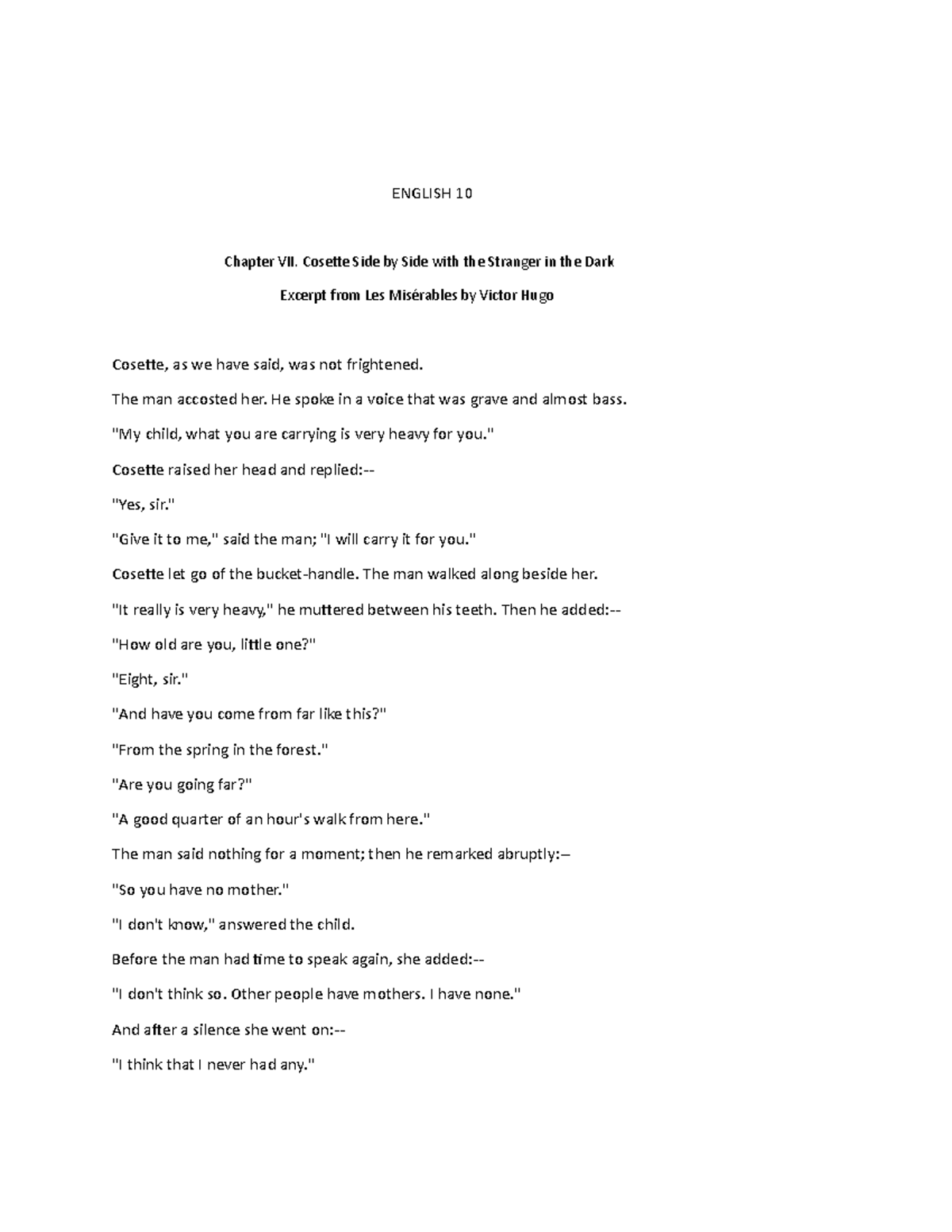 English 10 Chapter VII Analysis: Cosette in Les Misérables by Hugo ...