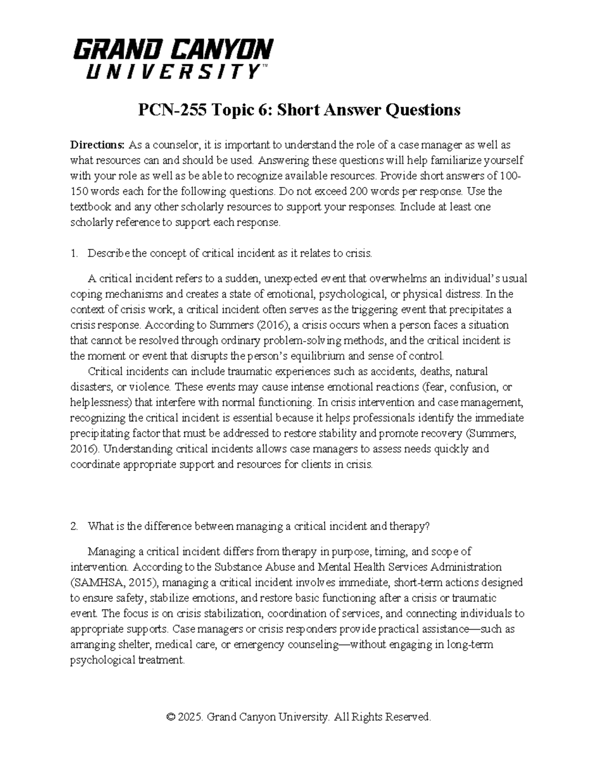 PCN 255 RS T6 - Short Answer Questions on Crisis Management - Studocu
